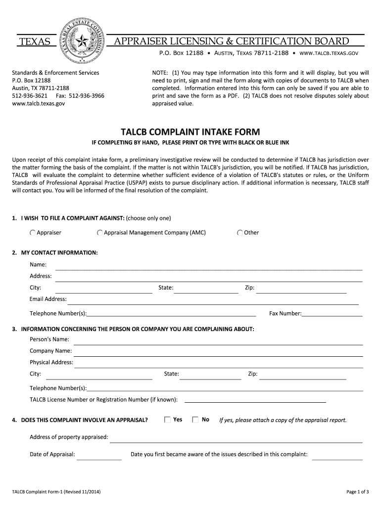 Fillable Online talcb texas TALCB COMPLAINT INTAKE FORM Fax Email Print ...