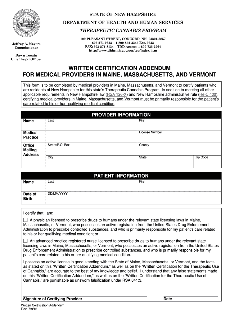 Fillable Online dhhs nh WRITTEN CERTIFICATION ADDENDUM FOR MEDICAL ...