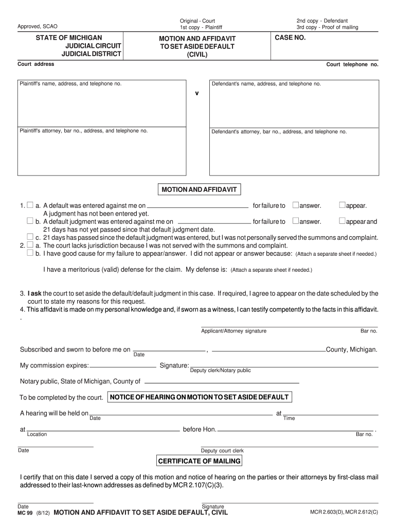 Fillable Online courts mi Motion and Affidavit to Set Aside Default Civil - courts mi Fax Email ...