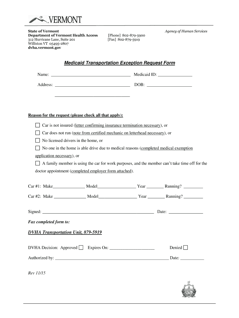Fillable Online dvha vermont Medicaid Transportation Exception Request ...