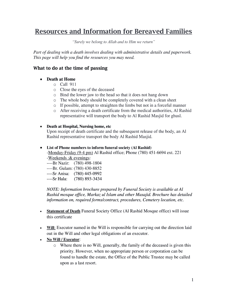Fillable Online Resources and Information for Bereaved Families Fax ...