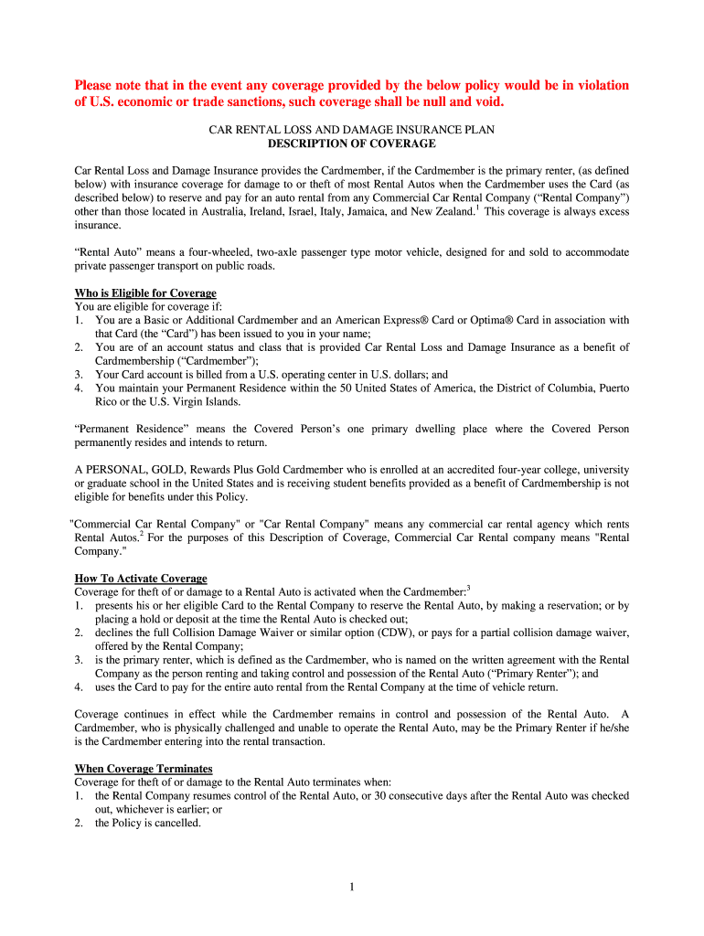 Fillable Online CAR RENTAL LOSS AND DAMAGE INSURANCE PLAN Fax Email ...