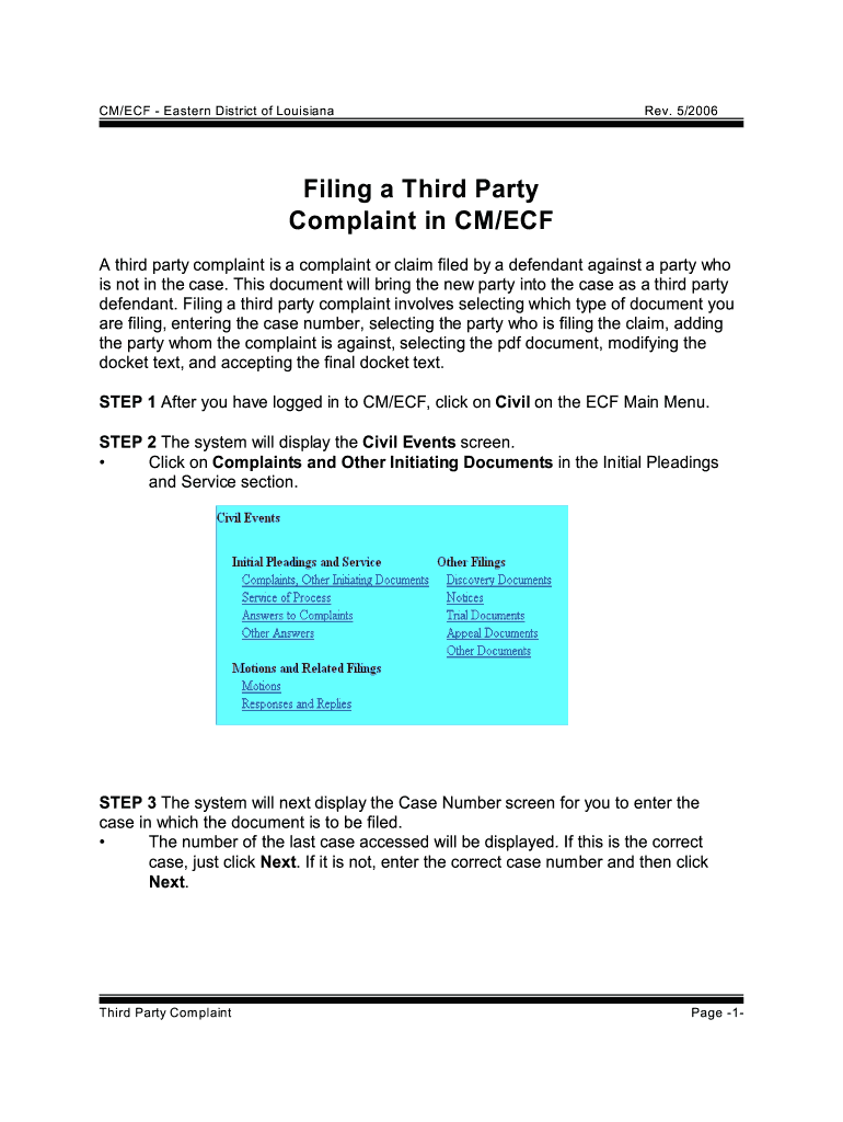 Fillable Online laed uscourts Filing a Third Party Complaint in CM/ECF ...