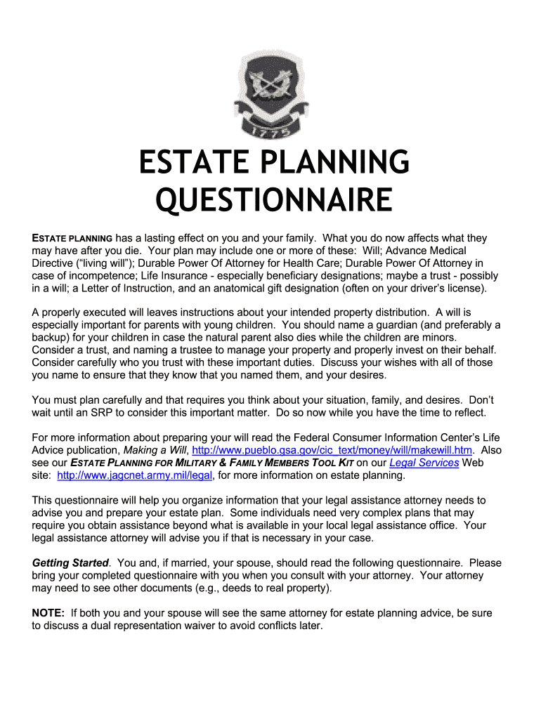 Estate Planning Client Questionnaire Fill Online Printable Fillable 