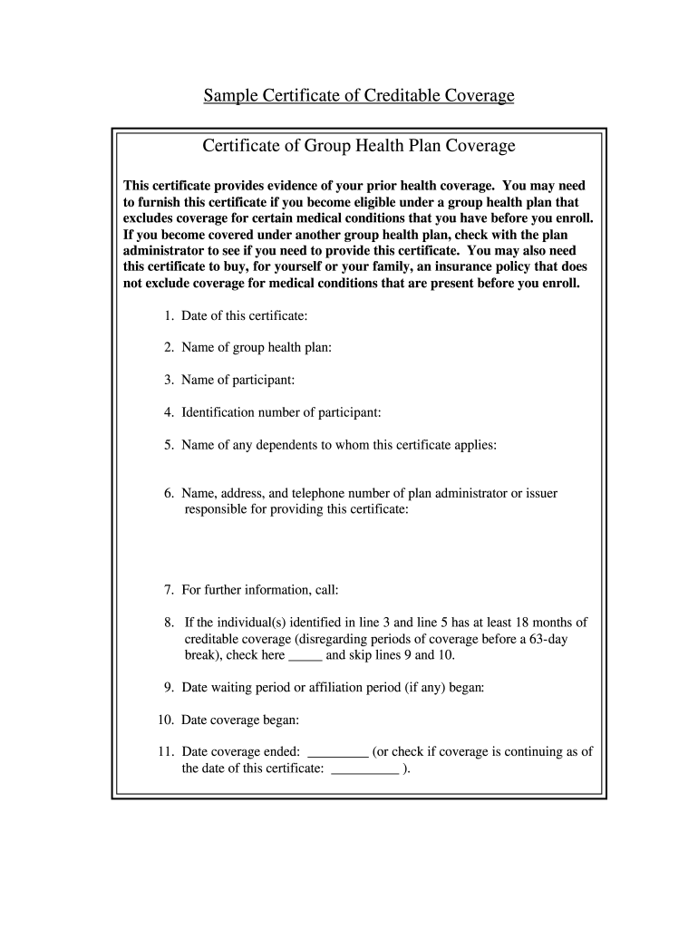 Fillable Online Sample Certificate Of Creditable Coverage Certificate 