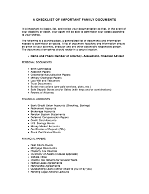 Fillable Online A CHECKLIST OF IMPORTANT FAMILY DOCUMENTS Fax Email ...