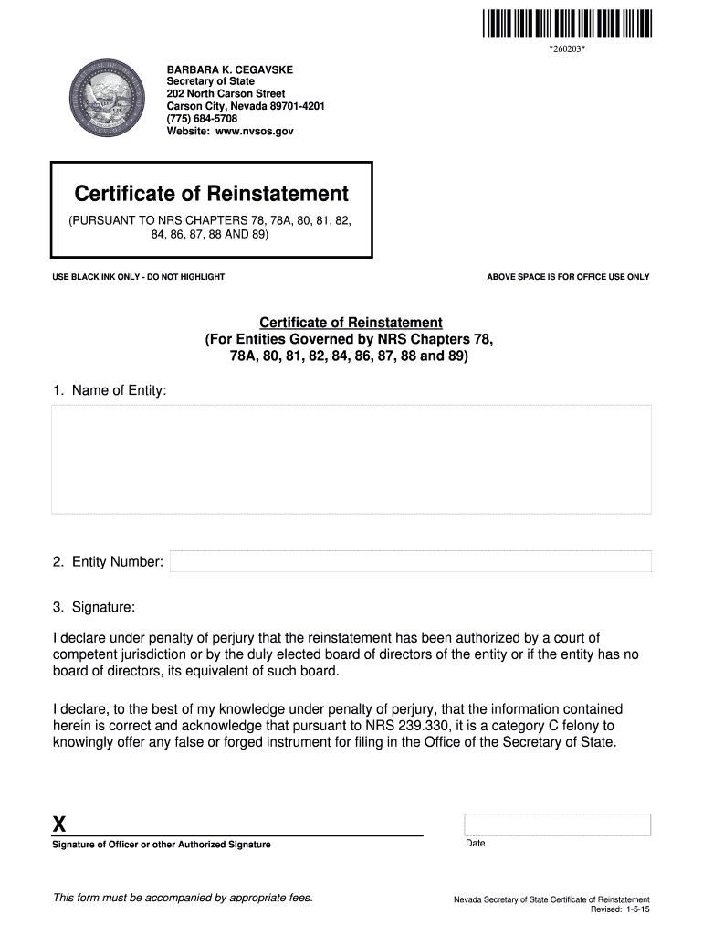 Fillable Online nvsos A revoked entity may restore its right to carry ...