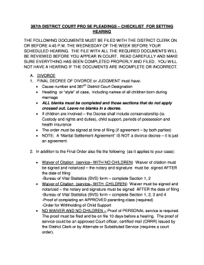 Fillable Online 387th DISTRICT COURT PRO SE PLEADINGS CHECKLIST FOR ...
