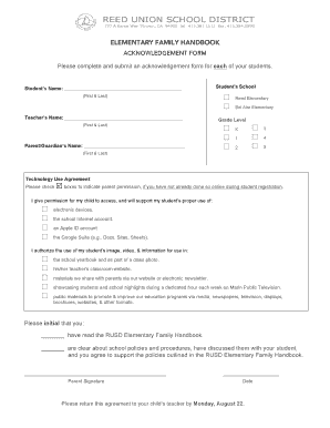 Fillable Online Parent handbook acknowledgement form.docx Fax Email Print - pdfFiller