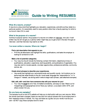 Fillable Online training nih Guide to Writing RESUMES - training nih ...