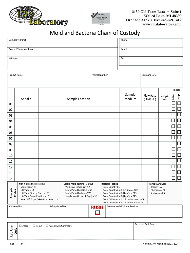 Fillable Online Mold and Bacteria Chain of Custody Fax Email Print ...