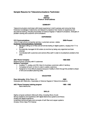 Fillable Online Sample Resume for Telecommunications Technician Fax ...