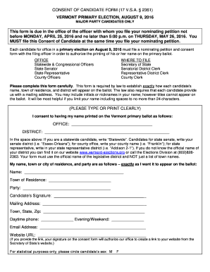 Fillable Online burlingtonvt CONSENT OF CANDIDATE FORM (17 V Fax Email ...