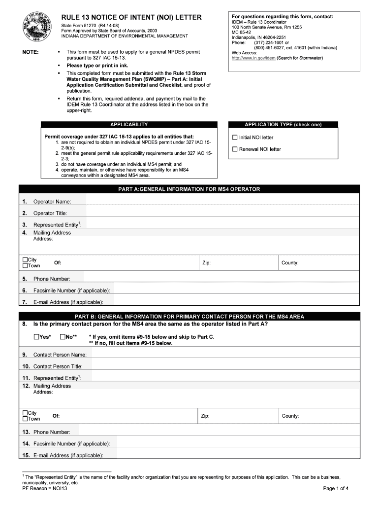 Fillable Online forms in Fillable RULE 13 NOTICE OF INTENT (NOI) LETTER ...