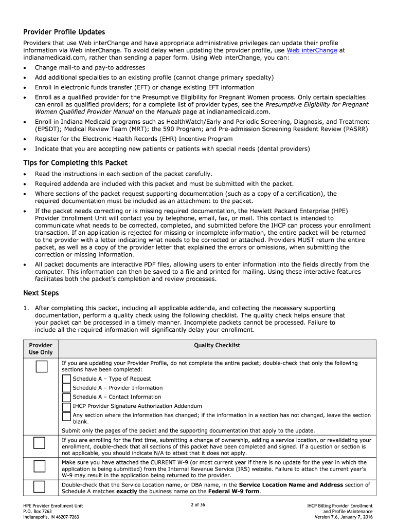Fillable Online IHCP Billing Provider Enrollment and Profile ...