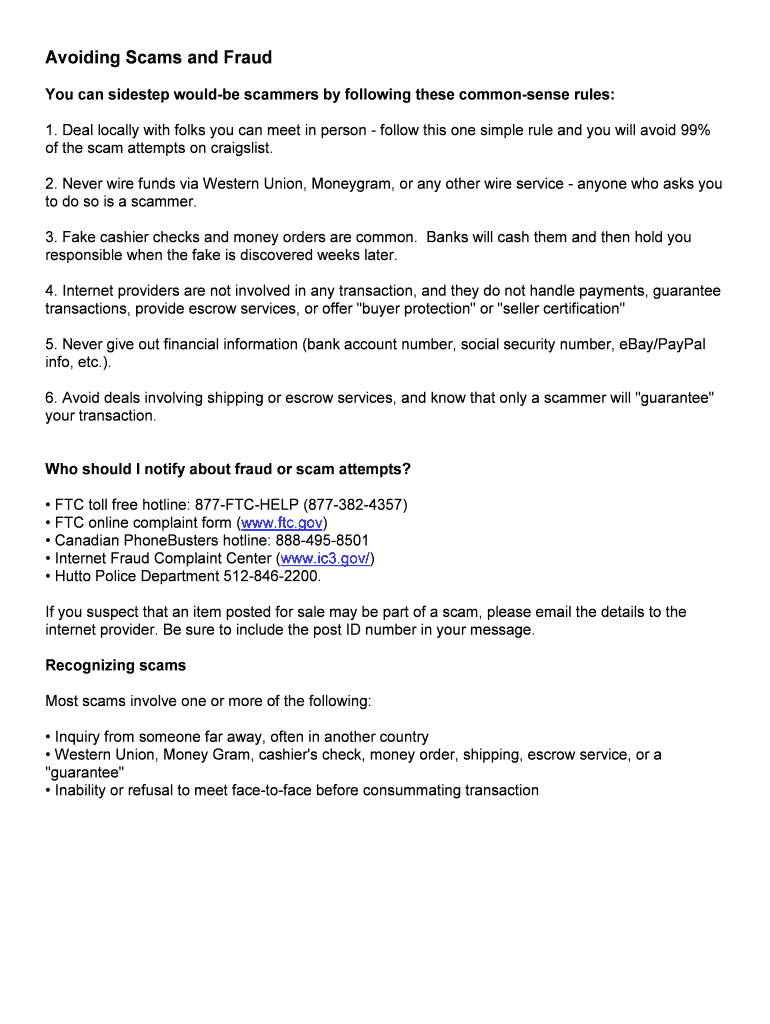 Fillable Online Avoiding Scams and Fraud Fax Email Print - pdfFiller
