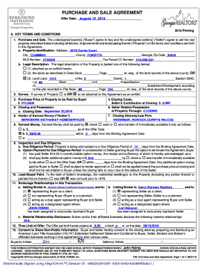 Fillable Online PURCHASE AND SALE AGREEMENT Offer Date: August 12, 2016 ...
