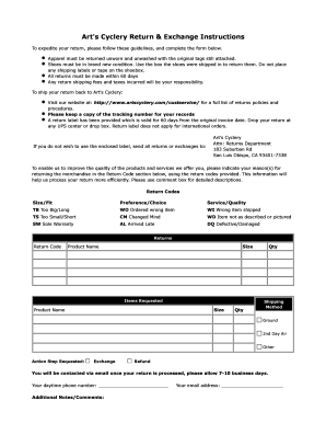 Fillable Online Art's Cyclery Return & Exchange Instructions Fax Email ...