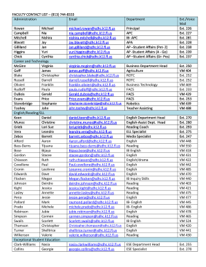 Fillable Online FACULTY CONTACT LIST (813) 744-8333 Fax Email Print ...
