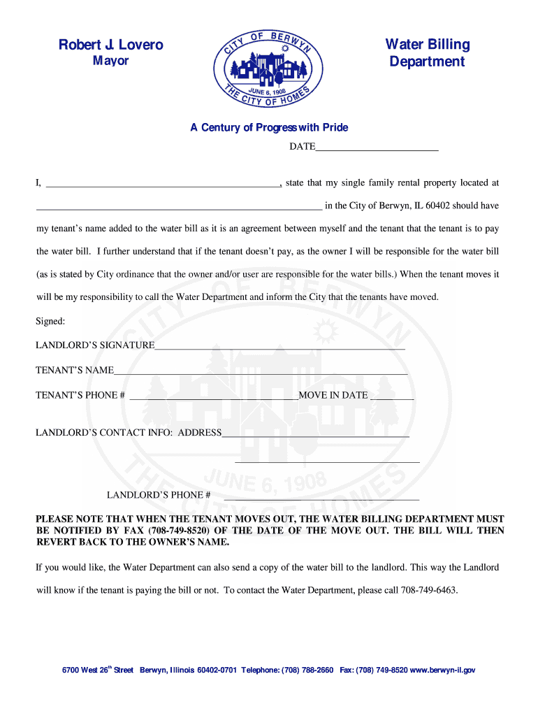 Fillable Online Landlord/ Tenant Water Billing Form Fax Email Print ...