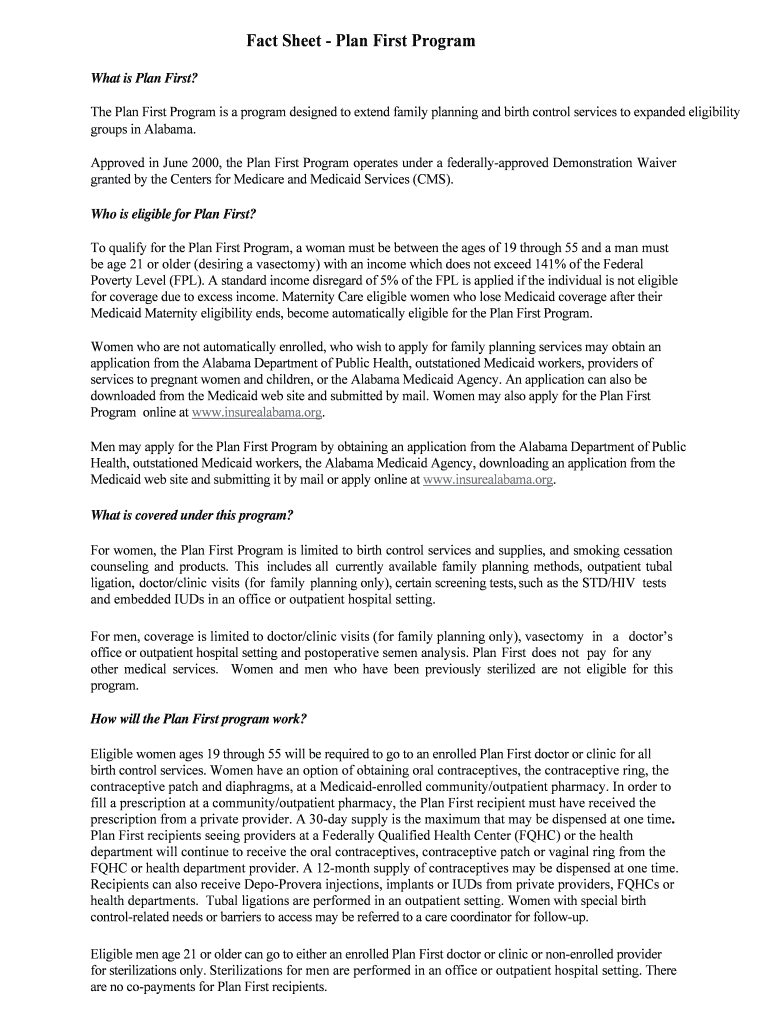 Fillable Online medicaid alabama Fact Sheet - Plan First Program Fax ...