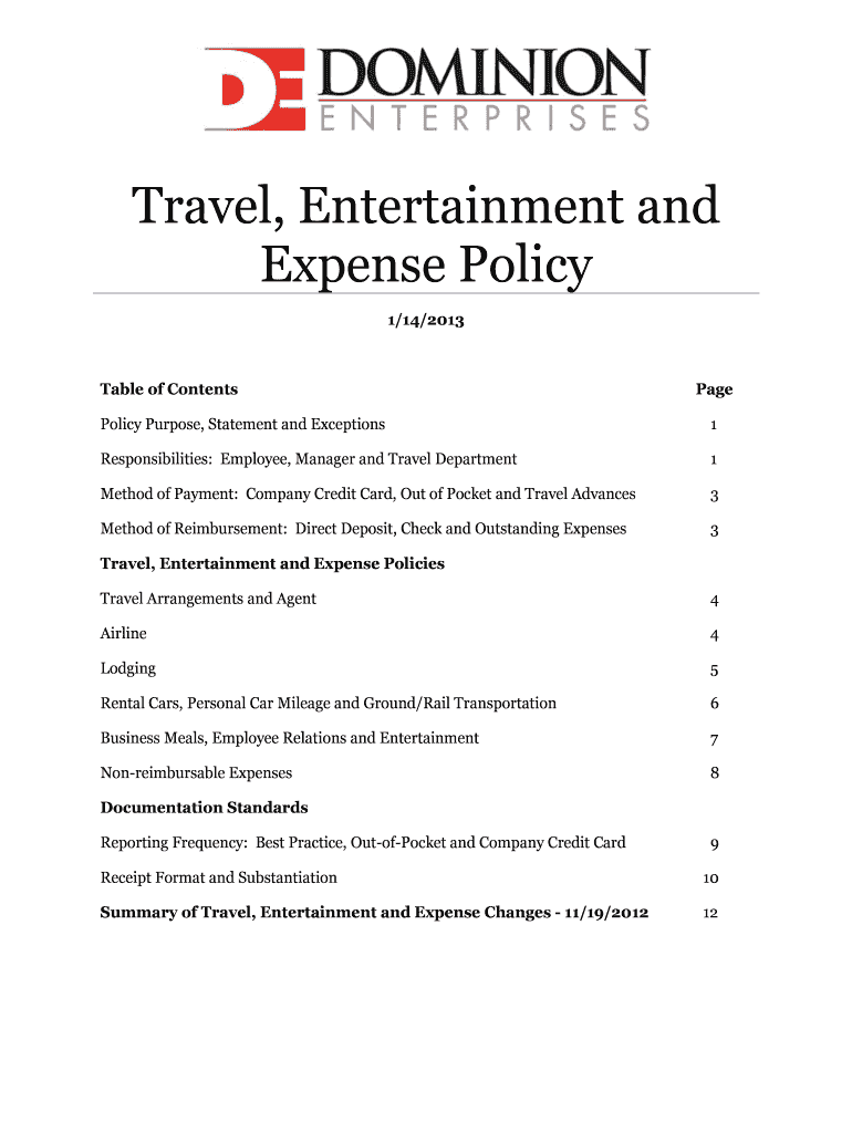 Fillable Online Travel, Entertainment and Expense Policy Fax Email ...