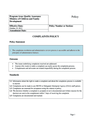 Fillable Online Complaint Policy (PDF) Fax Email Print - pdfFiller