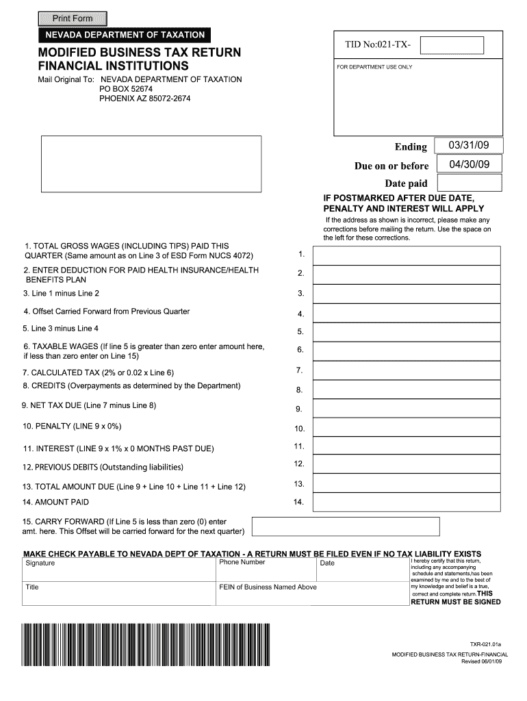 Nevada Modified Business Tax Return - Blank Fillable Template | Fill ...