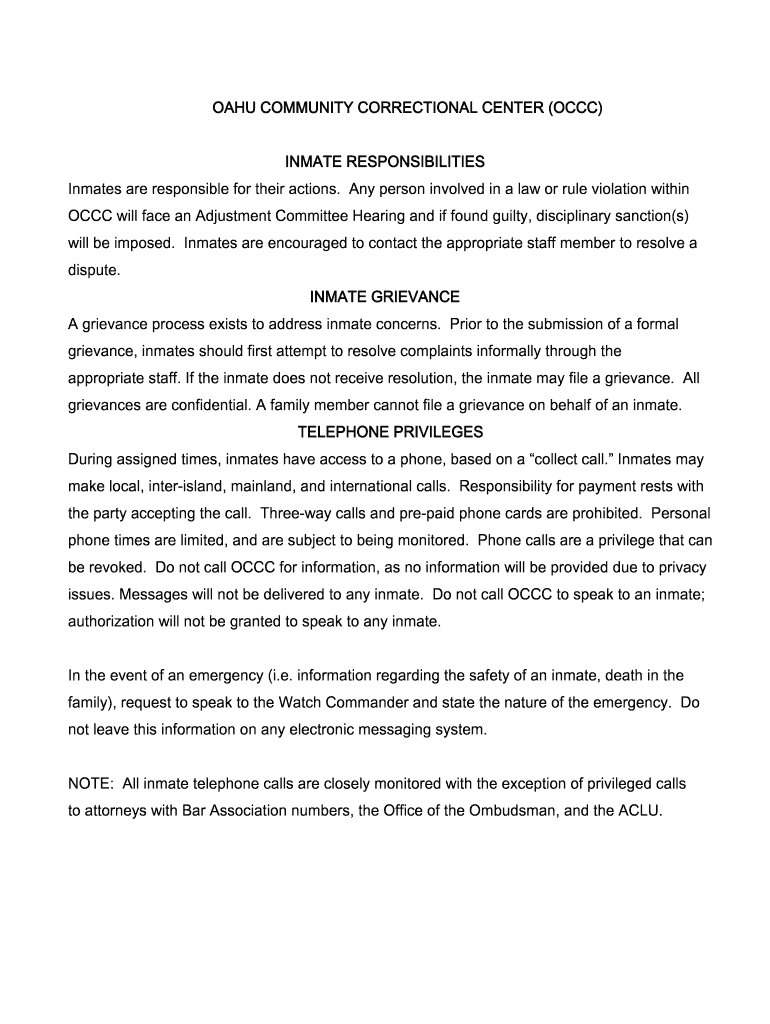 Fillable Online OAHU COMMUNITY CORRECTIONAL CENTER (OCCC) - hawaii.gov ...