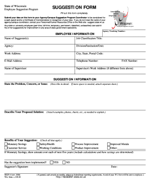 Fillable Online Suggestion Form - State Employee Suggestion Program Fax ...