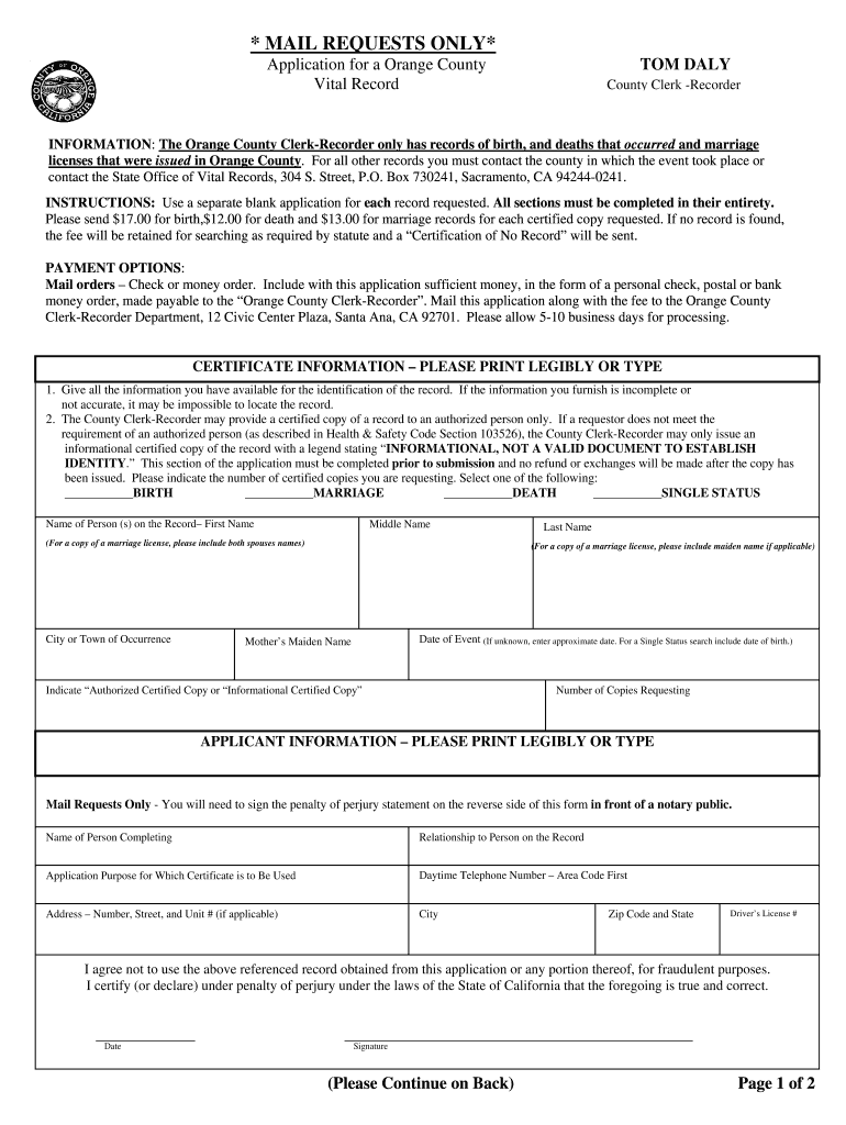 Fillable Online oc ca MAIL REQUESTS ONLY* Application for a Orange ...