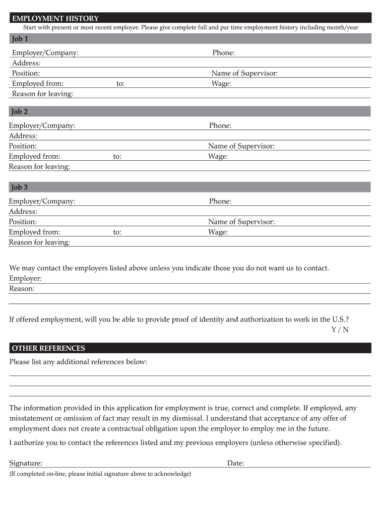Printable Employment History Form Printable Forms Free Online