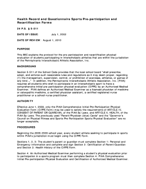 Fillable Online Health Record and Questionnaire Sports Pre ...