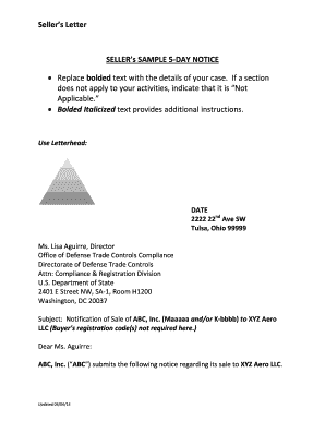 Fillable Online pmddtc state Seller's Letter SELLER's SAMPLE 5-DAY NOTICE Replace bolded ...