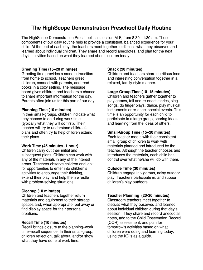 Fillable Online highscope The HighScope Demonstration Preschool Daily ...