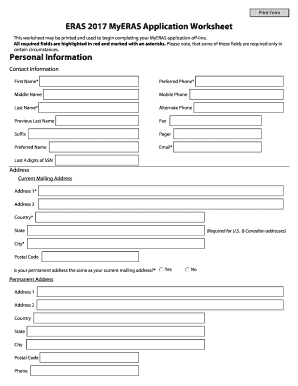 Fillable Online ERAS 2017 MyERAS Application Worksheet Fax Email Print ...