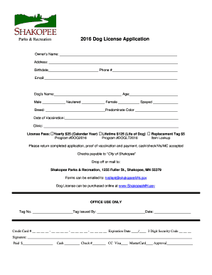 Fillable Online 2016 Dog License Application Fax Email Print - pdfFiller