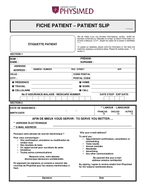 Fillable Online FICHE PATIENT PATIENT SLIP Fax Email Print - pdfFiller