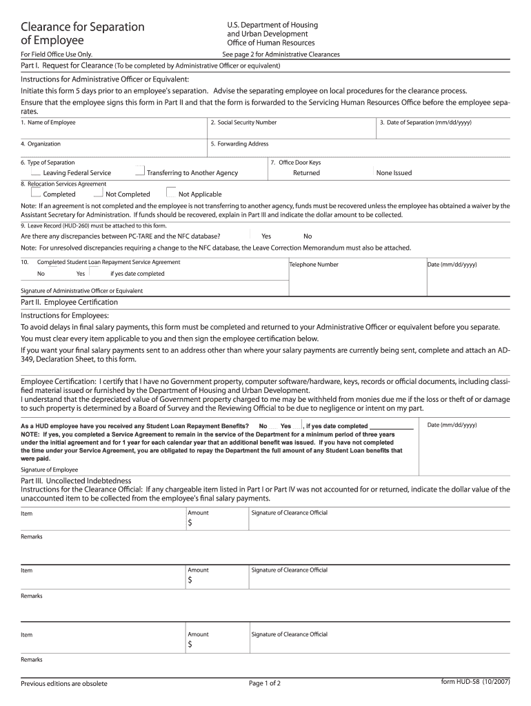 Fillable Online portal hud Clearance for Separation of Employee Fax ...