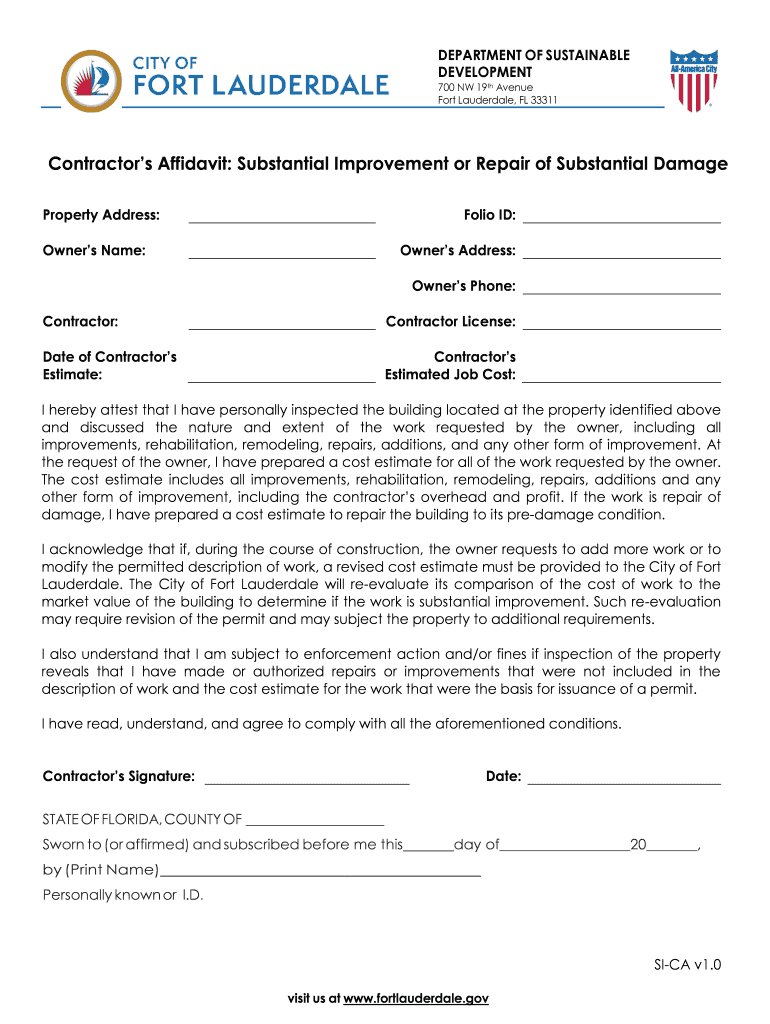 Fillable Online fortlauderdale Contractors Affidavit: Substantial ...