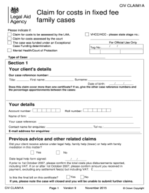 Fillable Online CIVClaim 1A Version 9 Novemberl 2015. Claim for costs ...