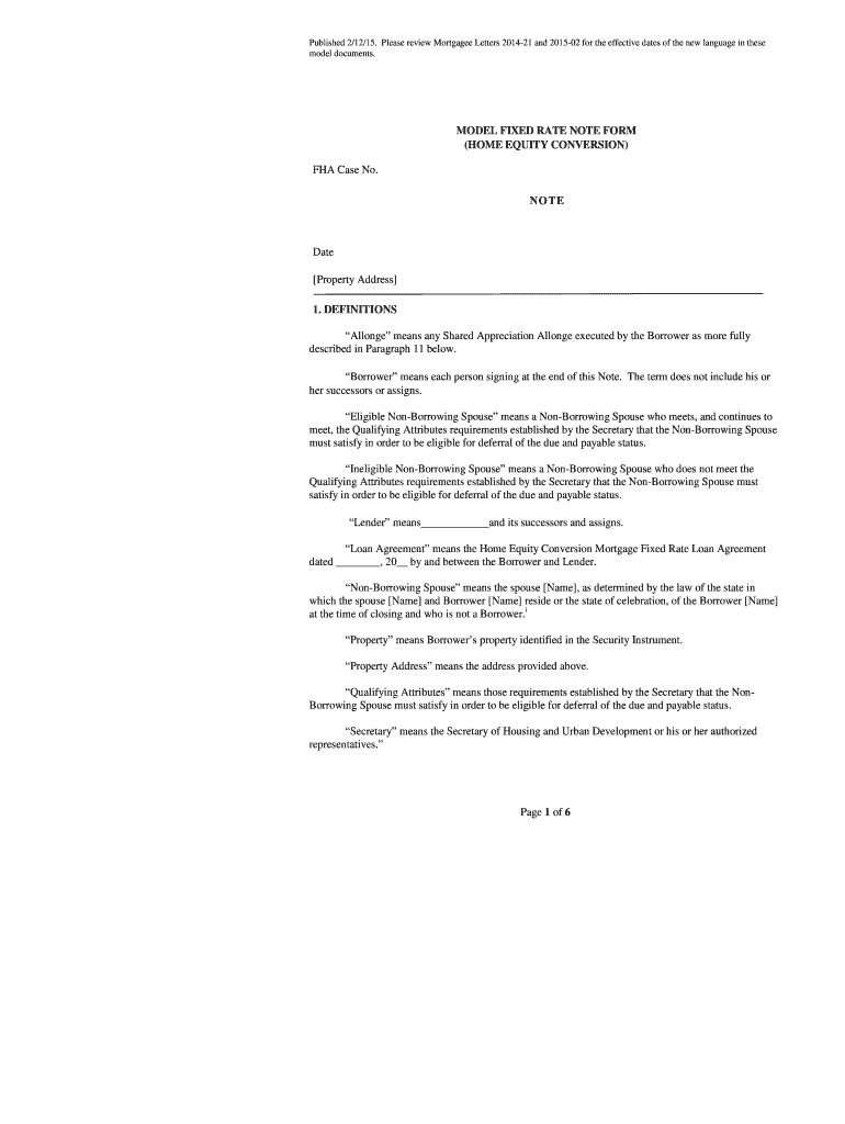 Fillable Online portal hud Page 1 of 6 MODEL FIXED RATE NOTE FORM (HOME ...