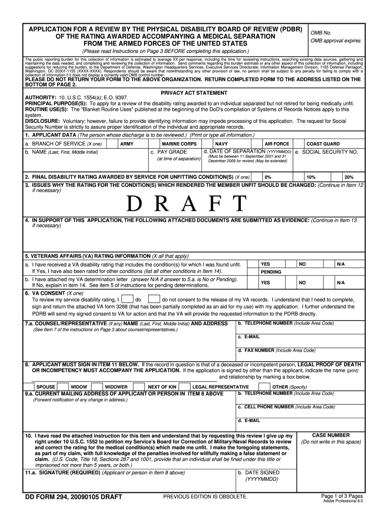 Fillable Online reginfo DD Form 294, Application for a Review by the ...