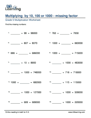 Fillable Online Grade 5 Multiplication Worksheet - Multiply by 10, 100 ...