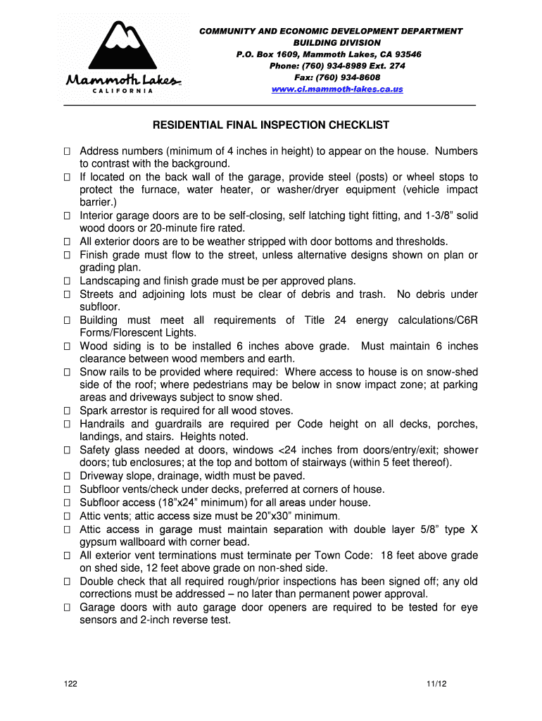 Fillable Online RESIDENTIAL FINAL INSPECTION CHECKLIST Address numbers ...