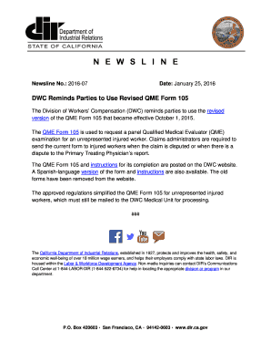 Fillable Online dir ca DWC Reminds Parties to Use Revised QME Form 105 ...