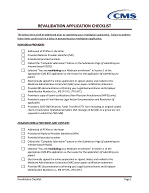 Fillable Online cms REVALIDATION APPLICATION CHECKLIST Fax Email Print - pdfFiller