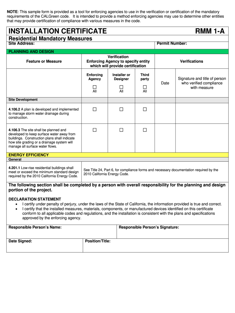 2011 Form CA CALGreen Installation Certificate Residential Mandatory ...