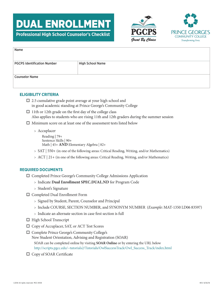 Fillable Online pgcc Dual Enrollment Checklist - Prince George's Community College - pgcc Fax ...