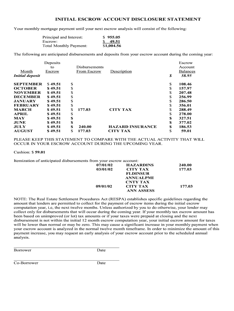 Initial Escrow Account Disclosure Statement Form Fill Online Initial Escrow Account Disclosure Statement Form Fill Online